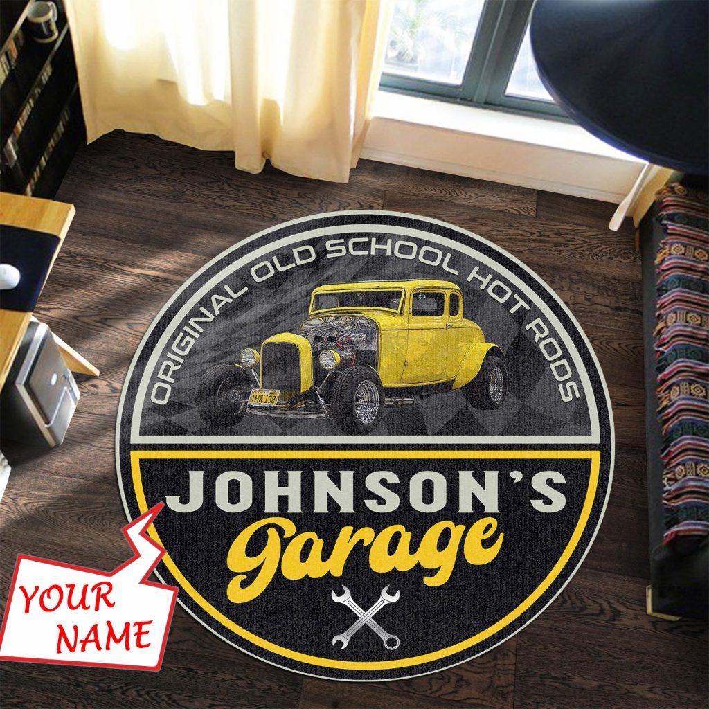 personalize hot rod garage round mat 05260 - Rustypod Store