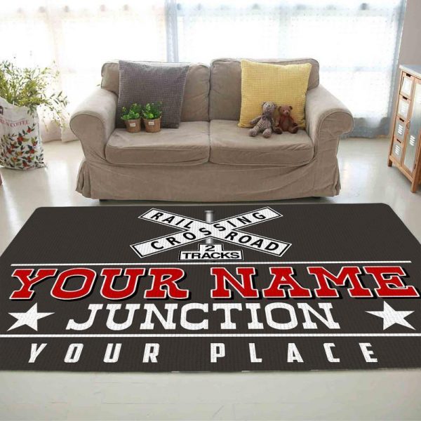 Personalized railroad crossing 2 track rug 05841 - Rustypod Store