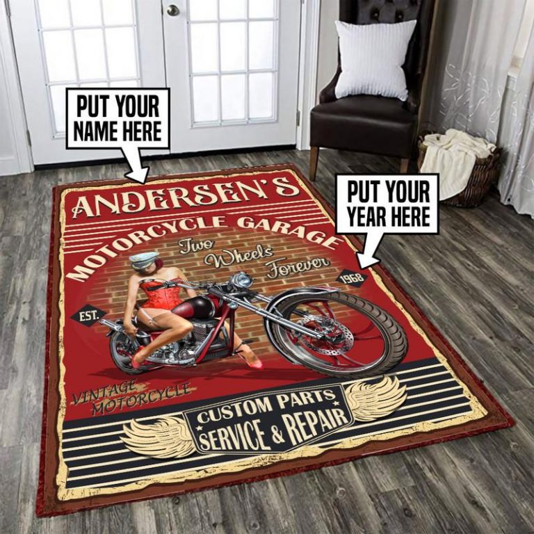 personalized motorcycle garage rug 06145 - Rustypod Store