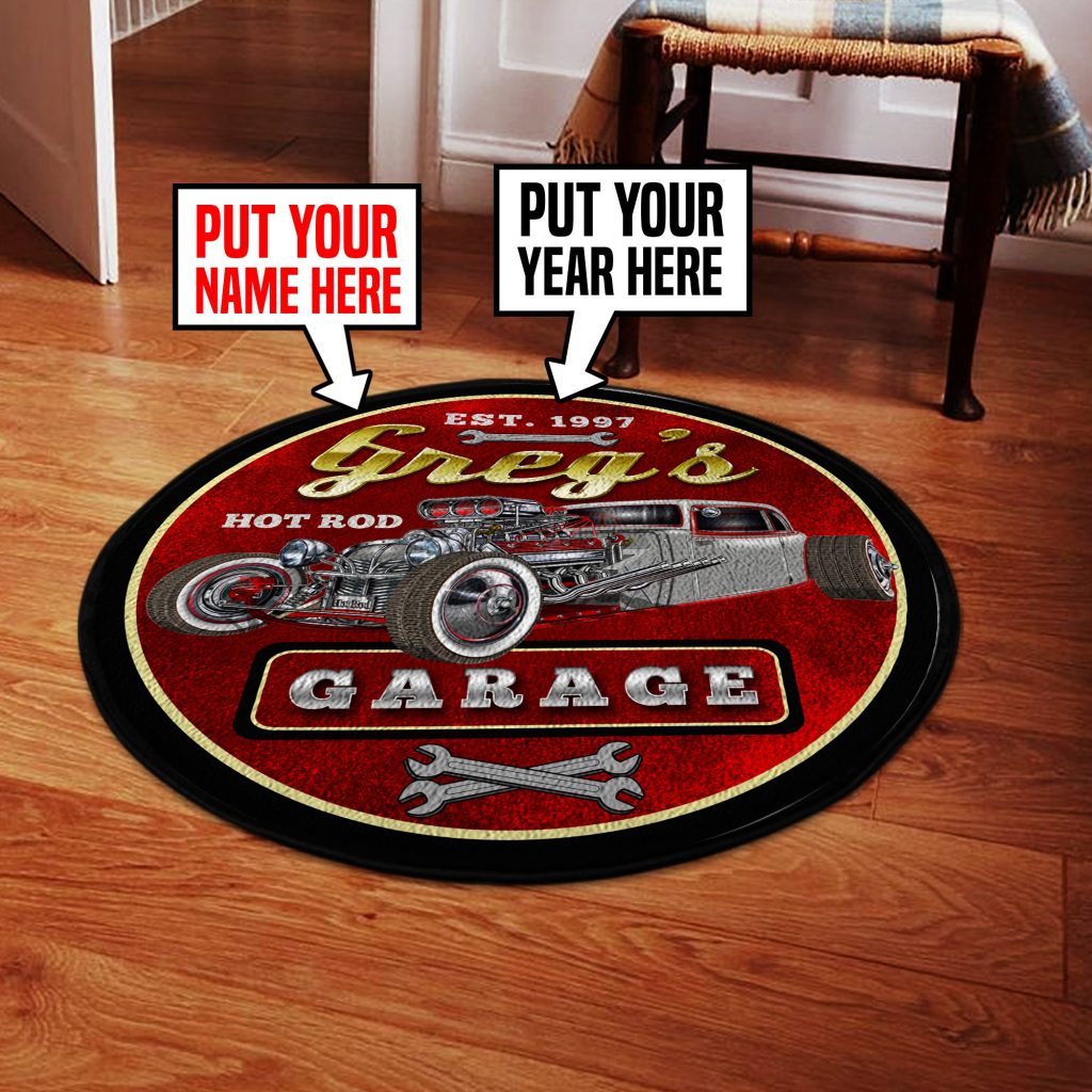 personalized hot rod garage round mat 06252 - Rustypod Store