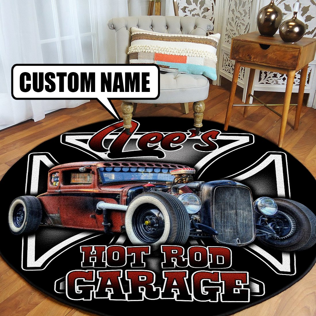 Personalized rat fink hot rod shop round mat 08281 - Rustypod Store