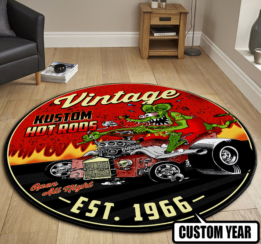 personalized vintage kustom hot rod round mat 08796 - Rustypod Store