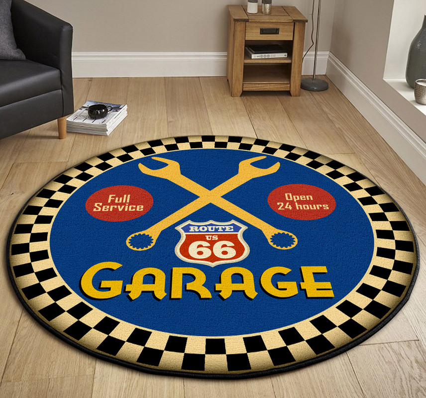 hot rod garage | route 66 | rockabilly round mat 09606 - Rustypod Store