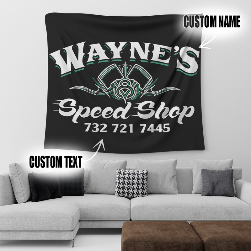 personalized speed shop | hot rod garage tapestry 09685 - Rustypod Store