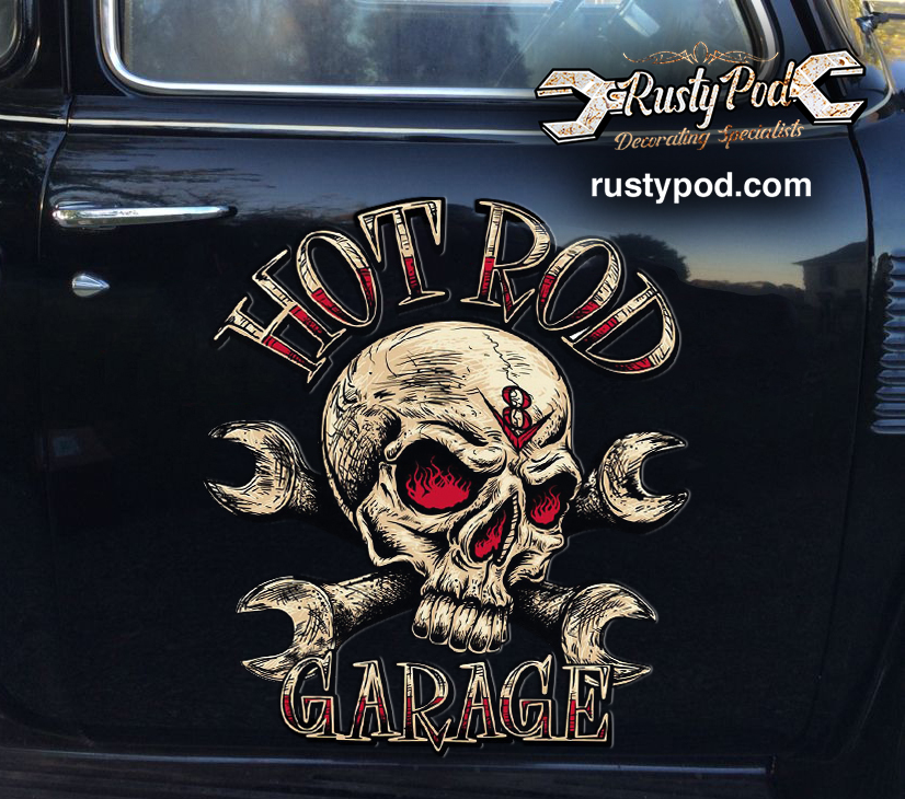 personalized skull hot rod and crossing wrench vinyl sticker 10740 ...