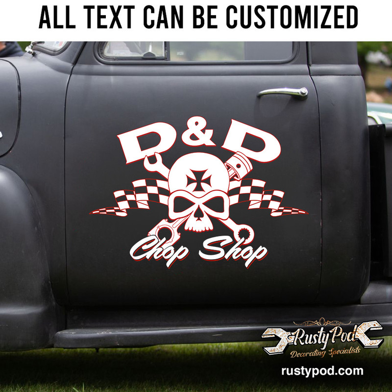 personalized iron cross skull and checker flag hot rod rat rod sticker ...