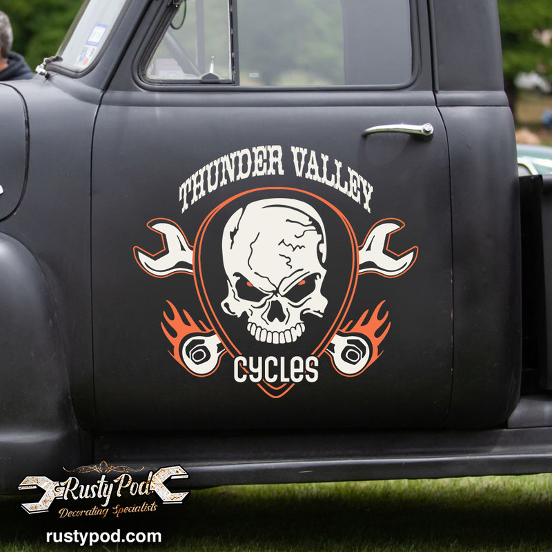 personalized crossing wrench and skull lettering rat rod decal old school truck door art sticker ...