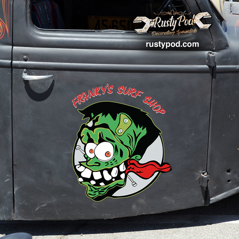personalized Frankenstein surf shop lettering pumper decal hot rod ...